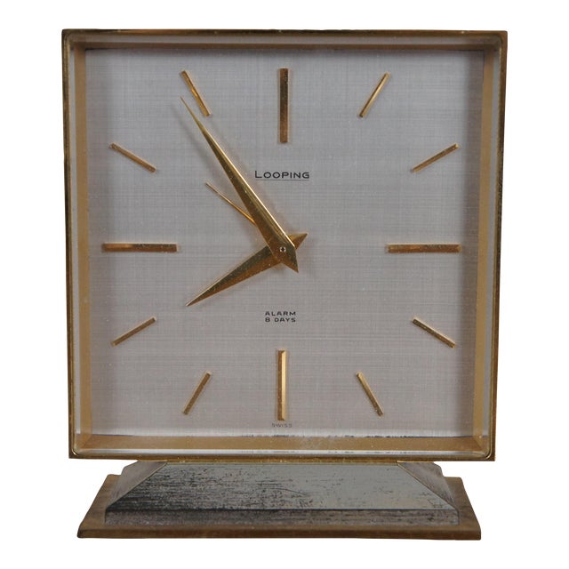 Mid Century Looping Swiss Square Brass 7 Jewel 8 Day Alarm Desk Clock ...