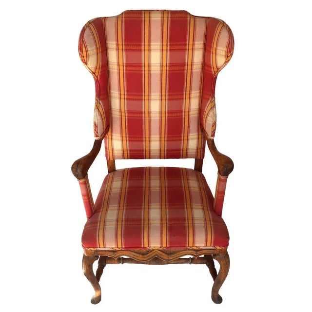 Swedish Gustavian Birch Plaid Upholstered Wingback Armchair | Chairish