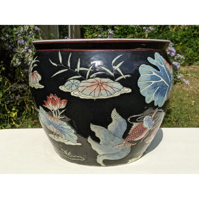 1980s Chinese Porcelain Famille Noir Lotus Planter Jardiniere With Coy ...