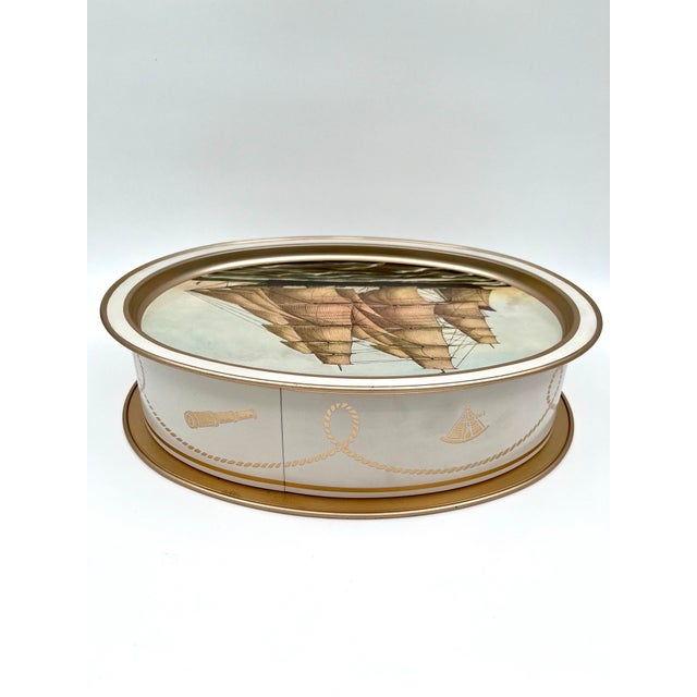 1976 Large Nautical Tole Biscuit Tin Featuring Clipper Ships | Chairish