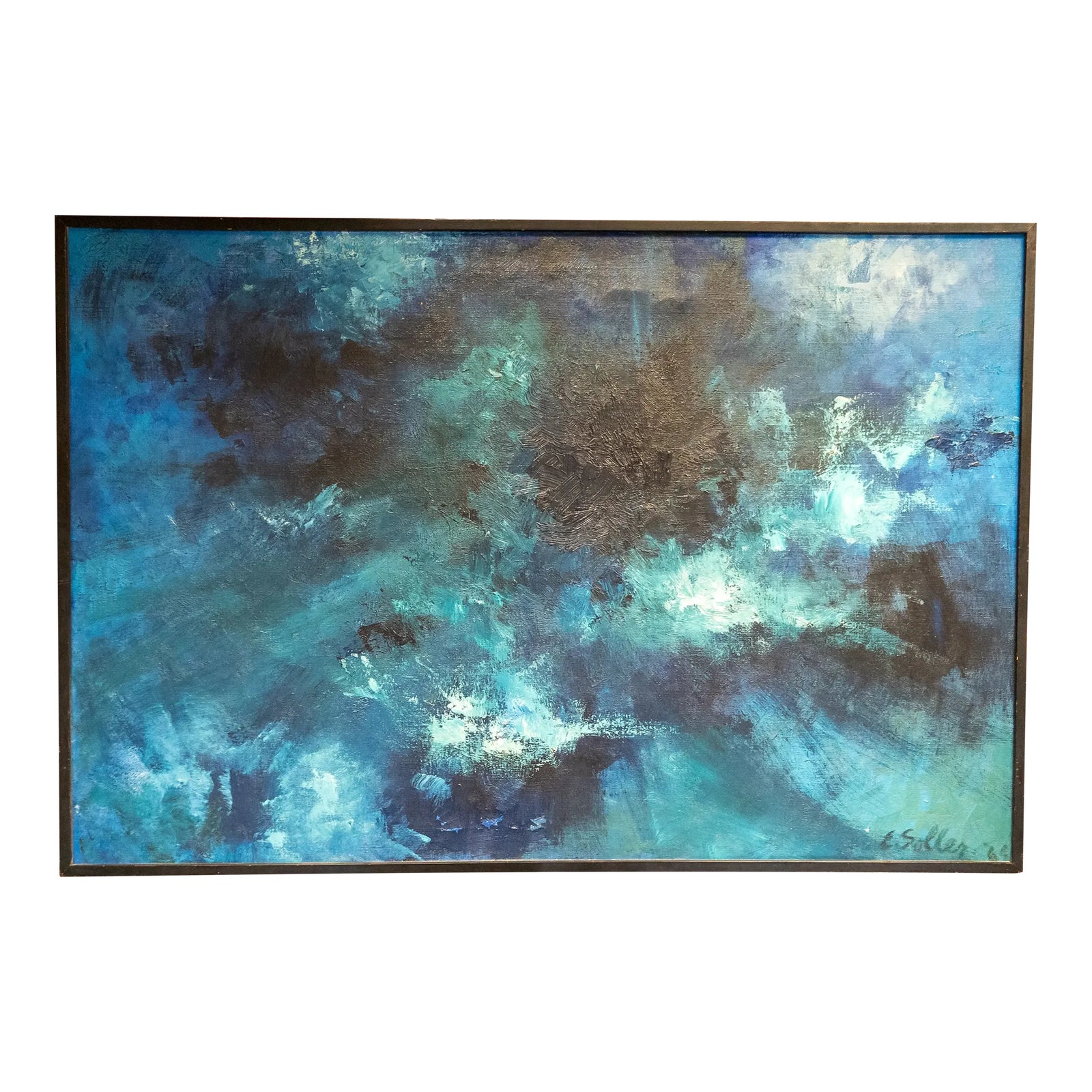 Mid-Century Modern Abstract Expressionist Blue Green Oil on Canvas ...