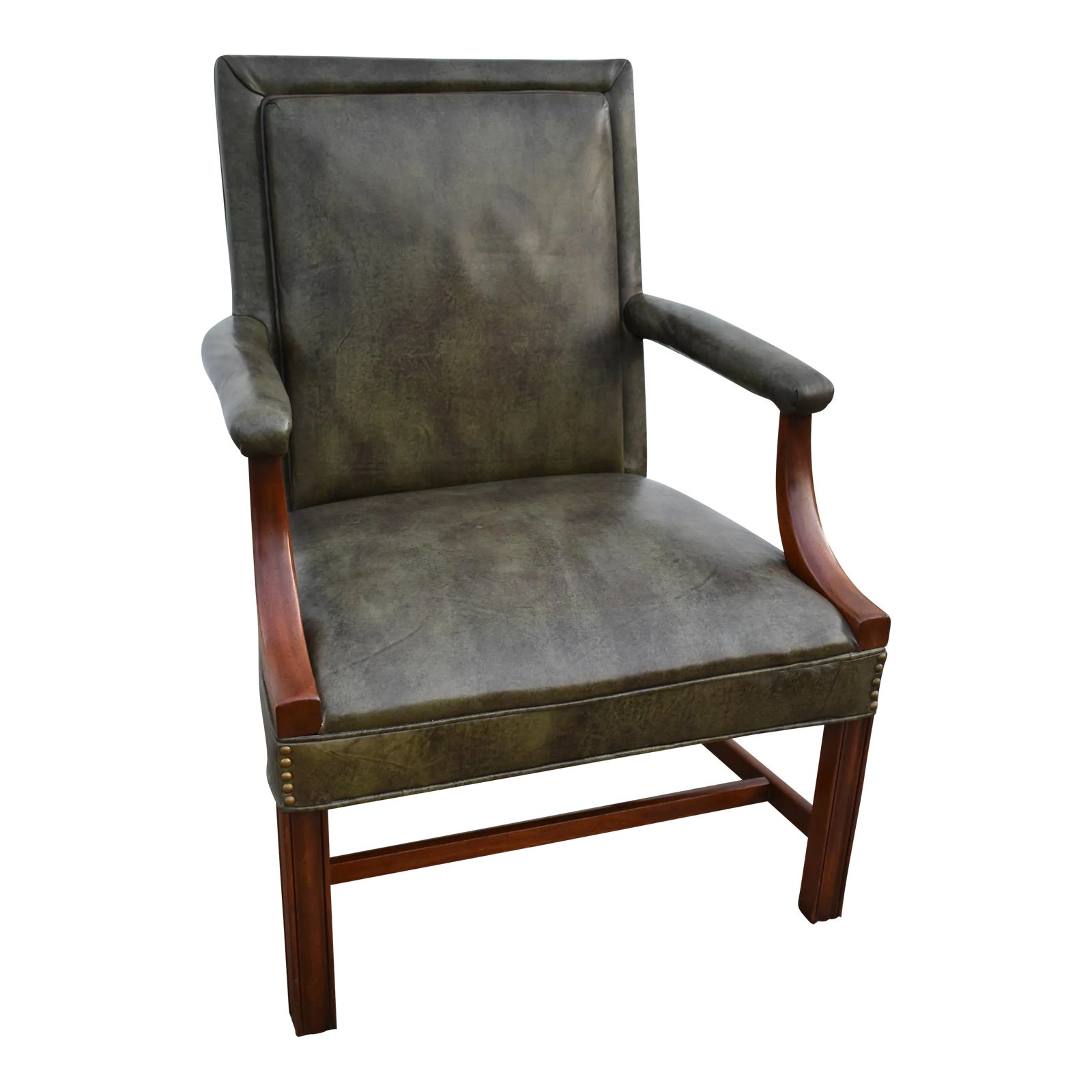 Vintage Chippendale Style Green Leather Library Chair W/Stretcher Base ...