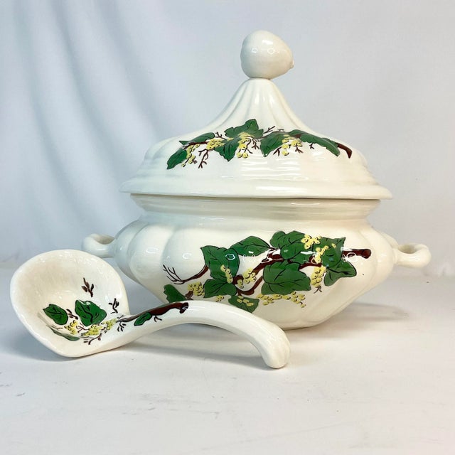 1940s English Arts & Crafts Ceramic Transfer Ware Tureen With Trompe L ...