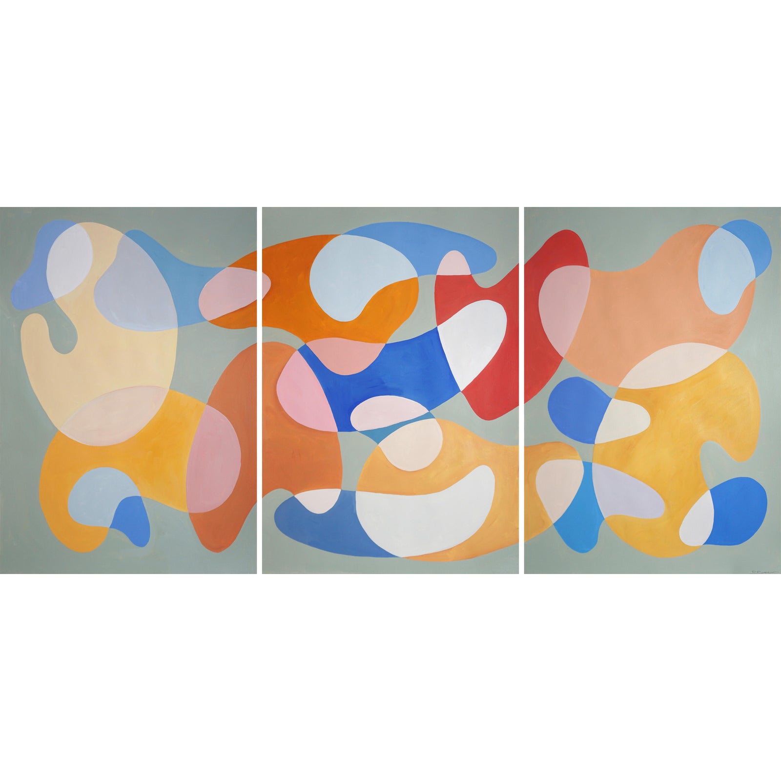 2025, Mid Century Modern Shapes , Painting Triptych, Earth Tones, Rocks Over Moss, Acrylic ...