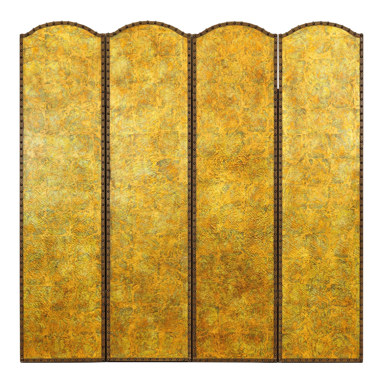 Scalloped Four-Panel Screen in Distressed Gold Leaf with Nailhead Trim ...