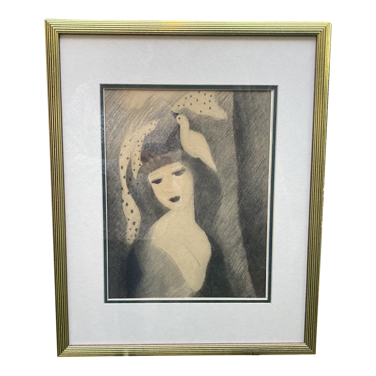 Mid 20th Century Graphite “Girl With Bird" Original Drawing by Judith ...