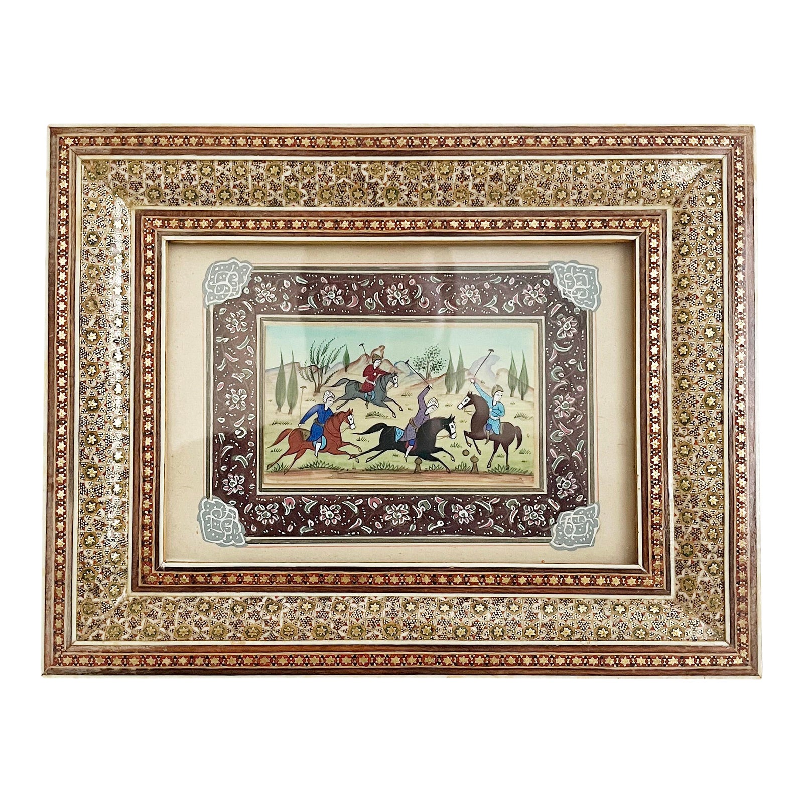 Late 20th Century Persian Mosaic Frame & Painting, Khatam Kari | Chairish