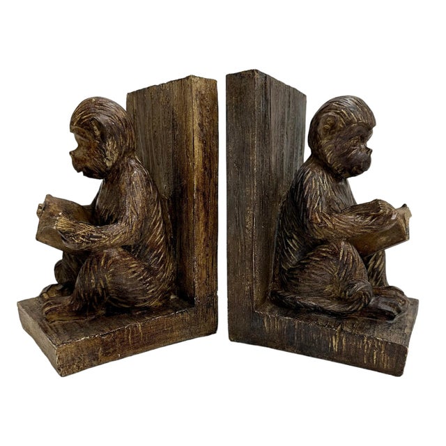 Sculpted Reading Monkey Book Ends - a Pair | Chairish