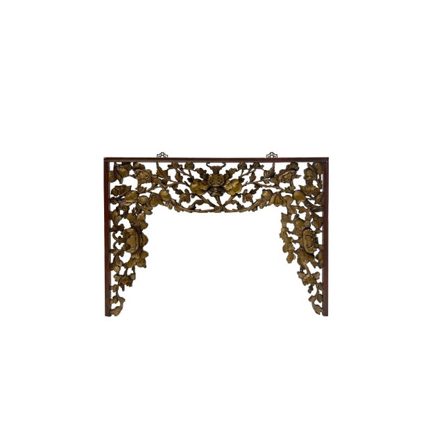 Chinese Vintage Golden Relief Flower Carving Arch Shape Wood Wall Art ...