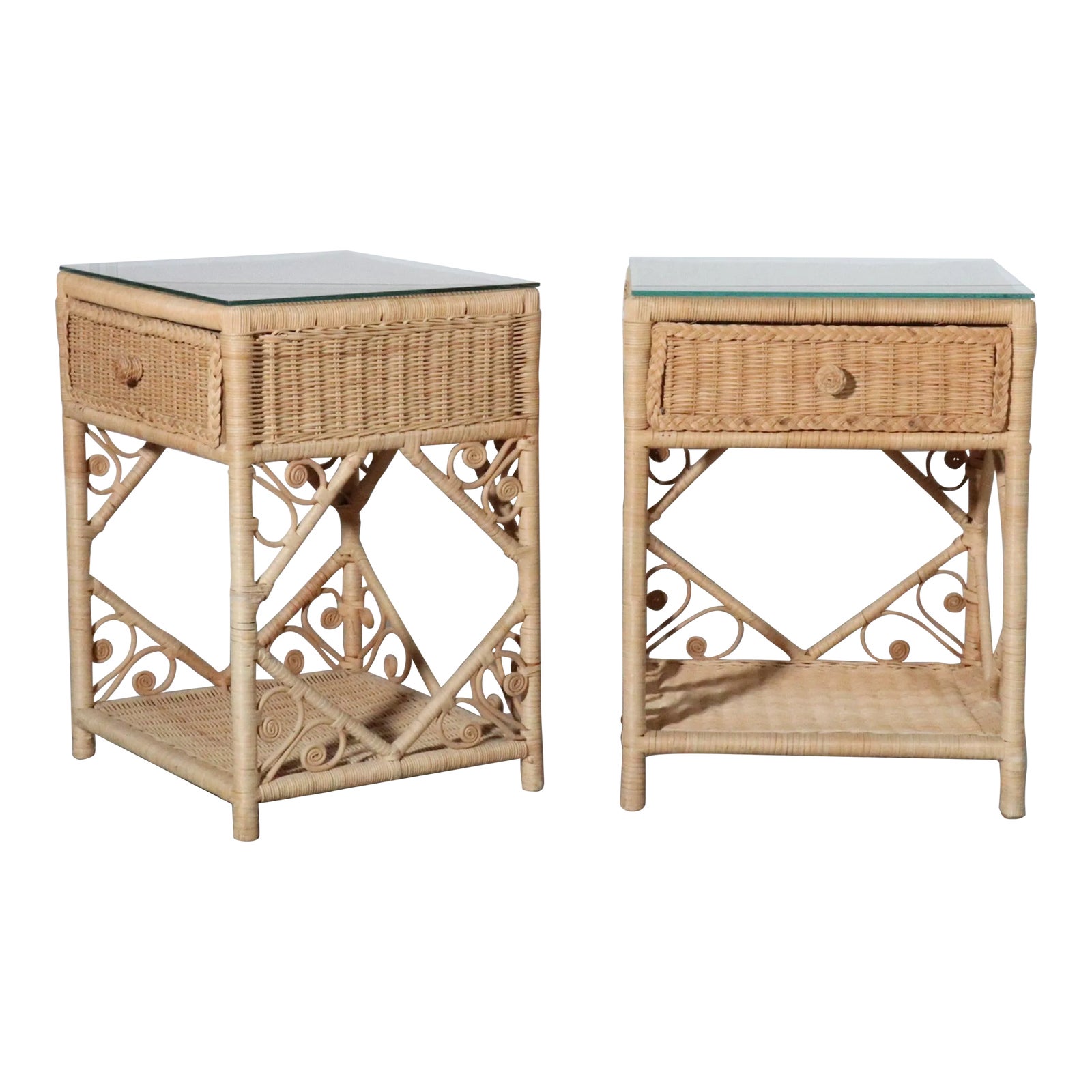 70's Peacock Natural Rattan and Wicker End Tables with Drawers - a Pair ...