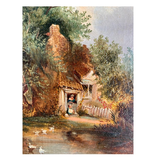 19th Century English Folk Art Cottage Landscape Painting With Figures ...