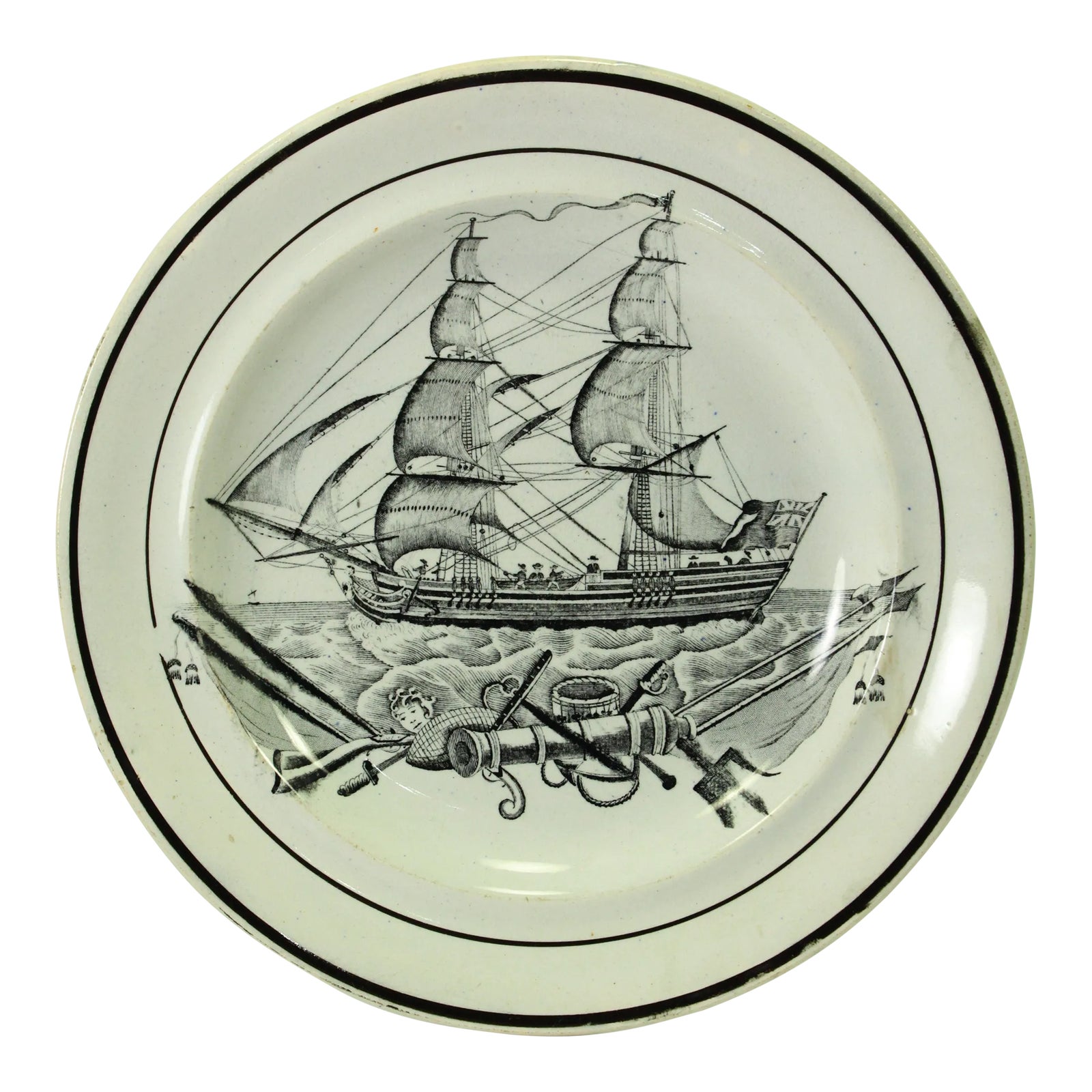 Circa 1800 Creamware Nautical Plate Ship & Trophies British Navy Ensign ...