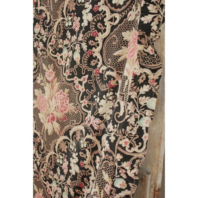 Antique French Fabric Rococo Block & Roller Printed Black Ground Ruffle ...