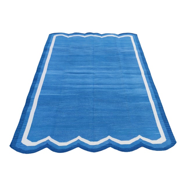 Handmade Cotton Vegetable Dyed Scalloped Edge Rug Blue With Cream and ...