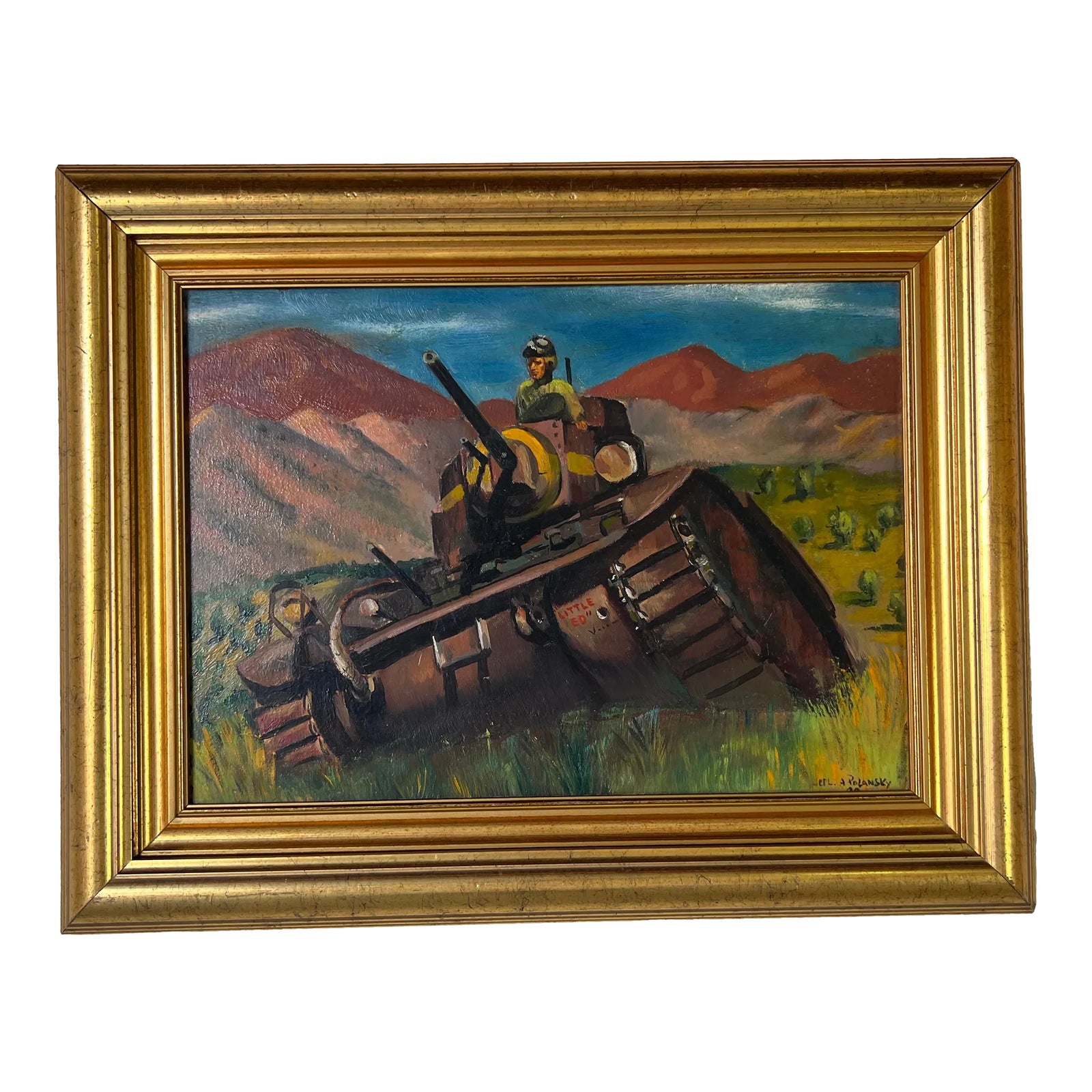 1944 A. Polansky Landscape Painting With a Soldier in a Battle Tank ...
