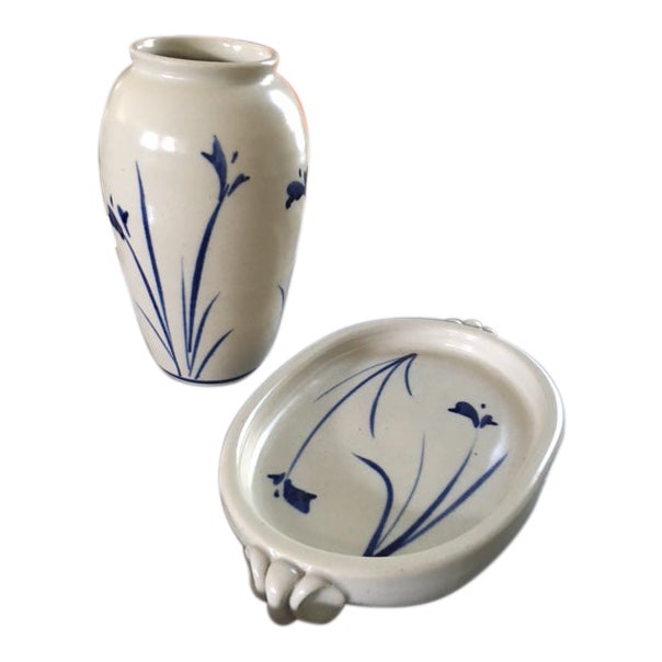 Vermont Artisan Pottery Handmade Vase and Tray - 2 Pieces | Chairish