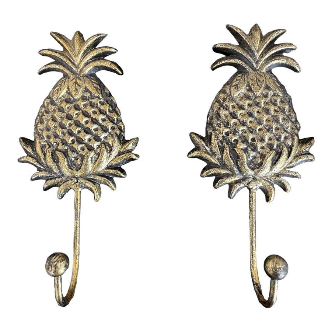 Pair of Late 20th Century Vintage Cast Iron Pineapple Wall Hooks Gold Finish | Chairish