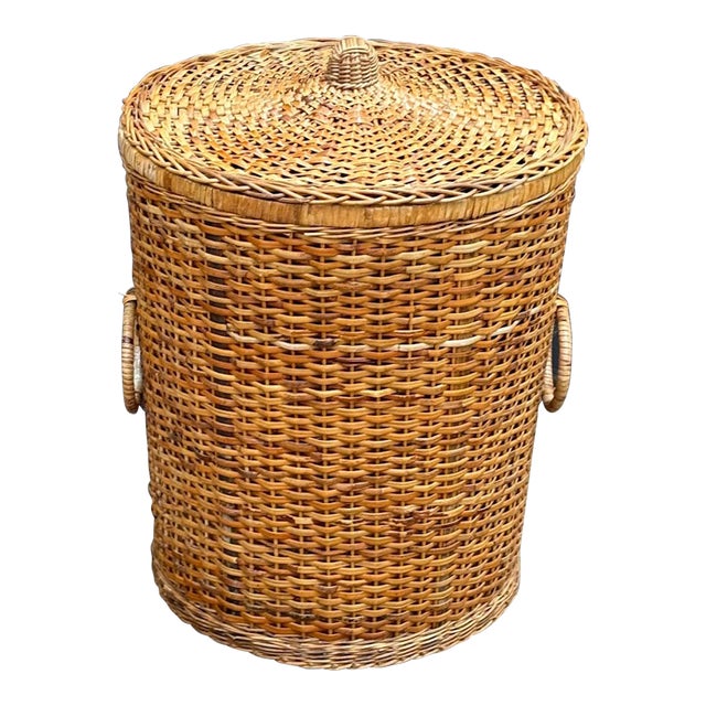 Large Wicker Loop-Handle Hamper Basket W/ Tapered Lid | Chairish
