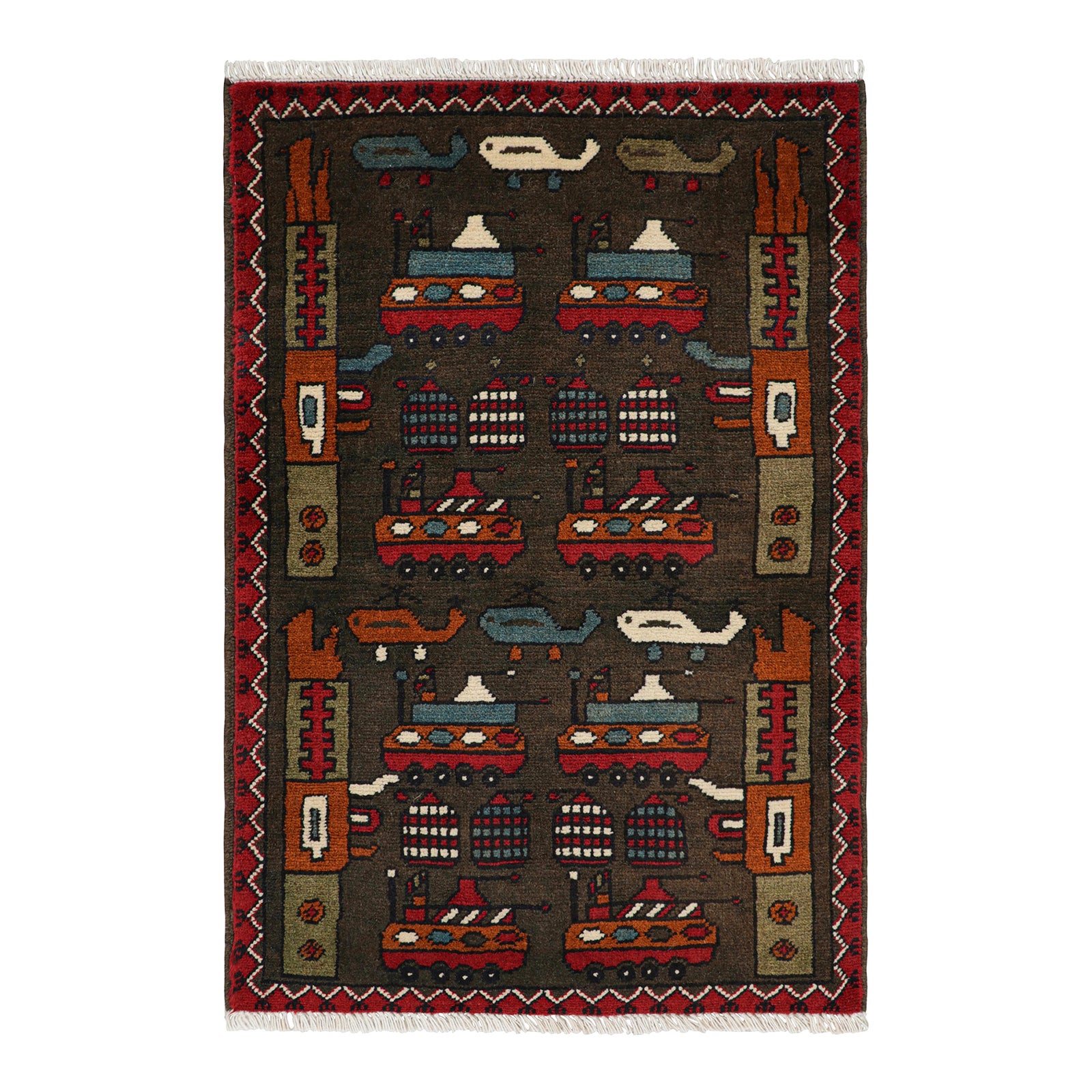 Rug & Kilim’s Modern Tribal Rug in Brown With Helicopters and Tank ...
