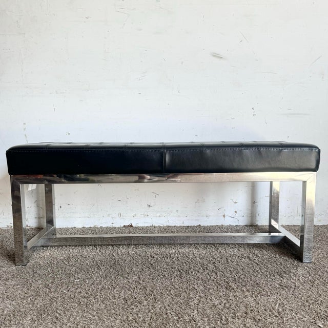 Modern Chrome and Tufted Vinyl Bench | Chairish