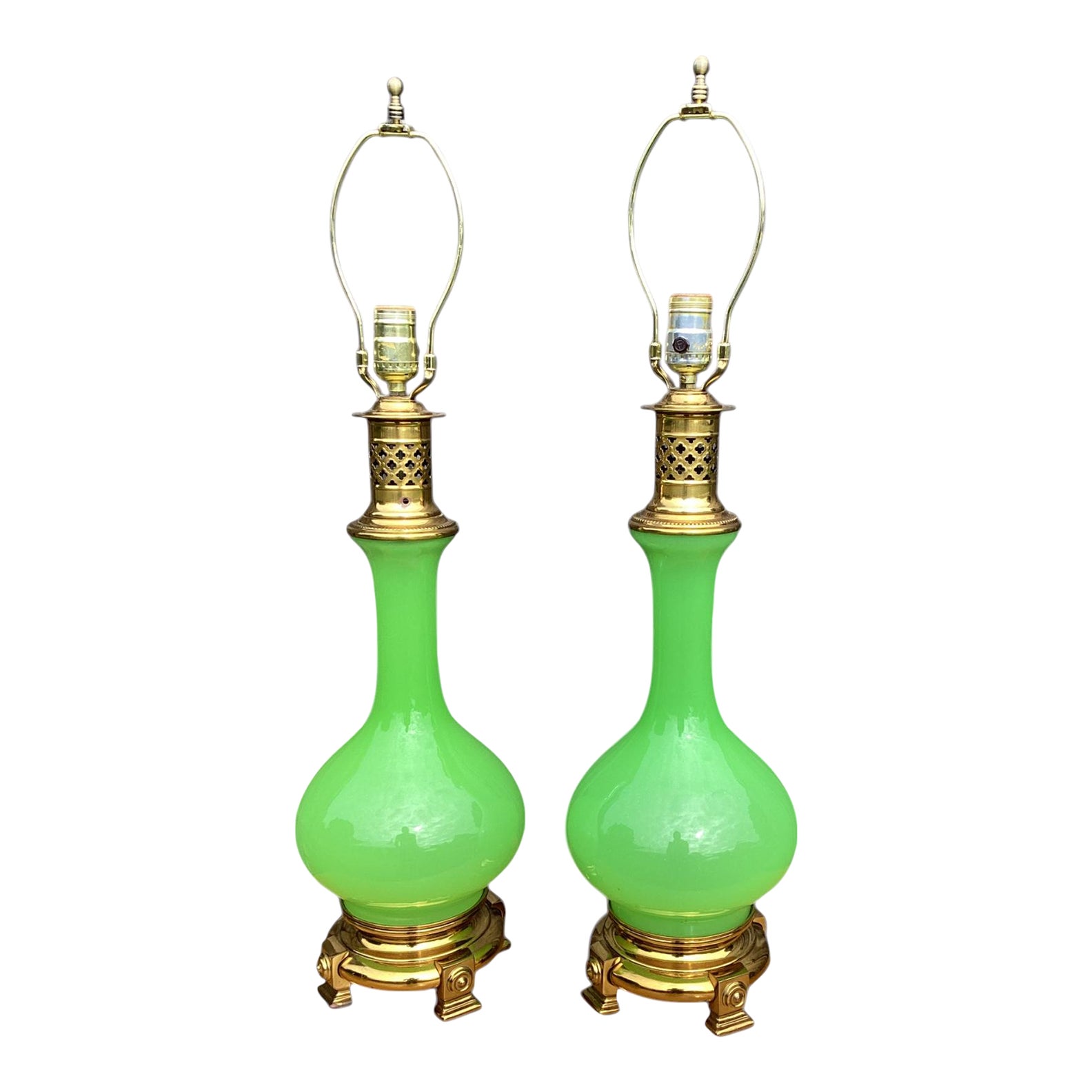 Pair of French Green Opaline Table Lamps | Chairish