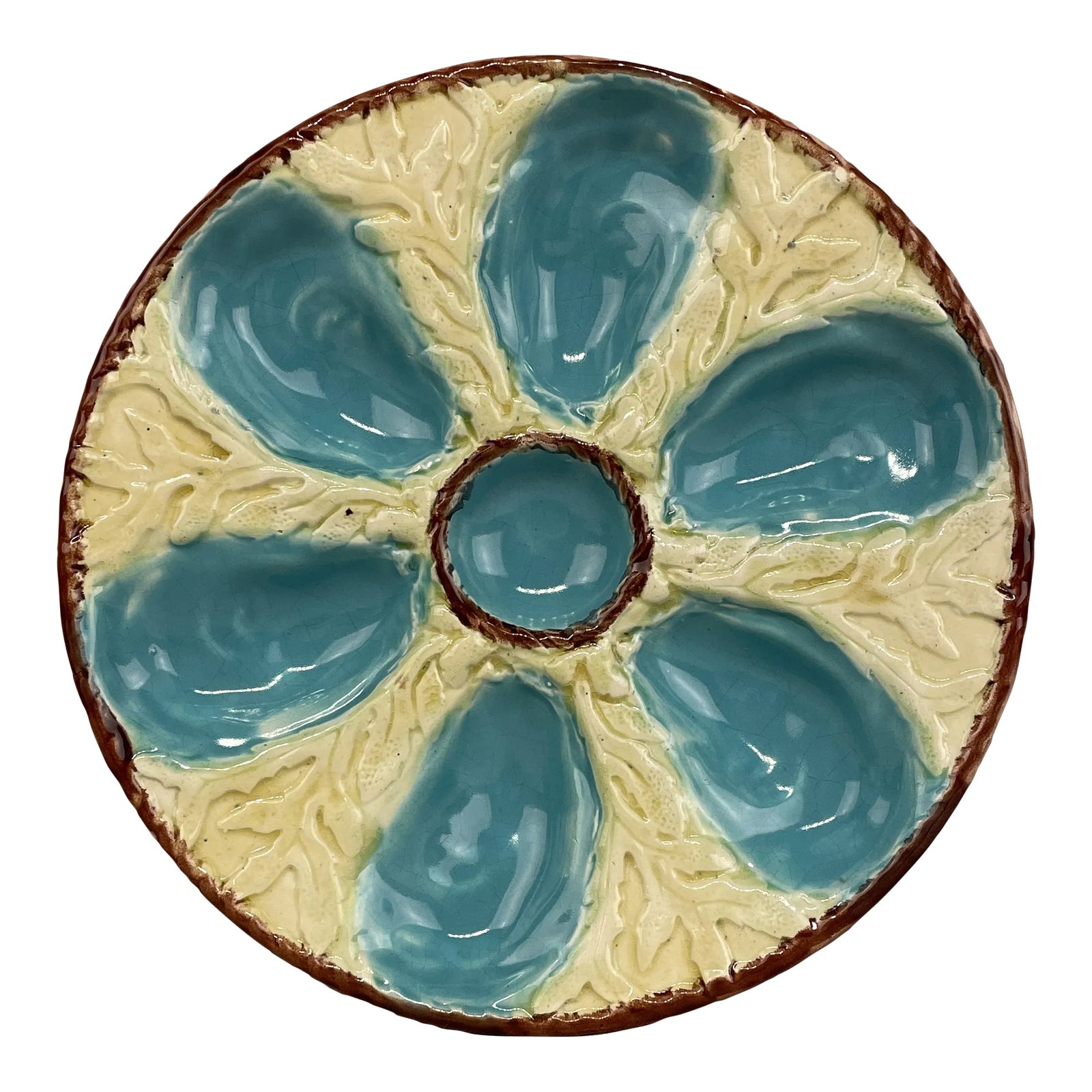 19th C English Oyster Plate With Six-Well Majolica Glazed Oyster Plate ...