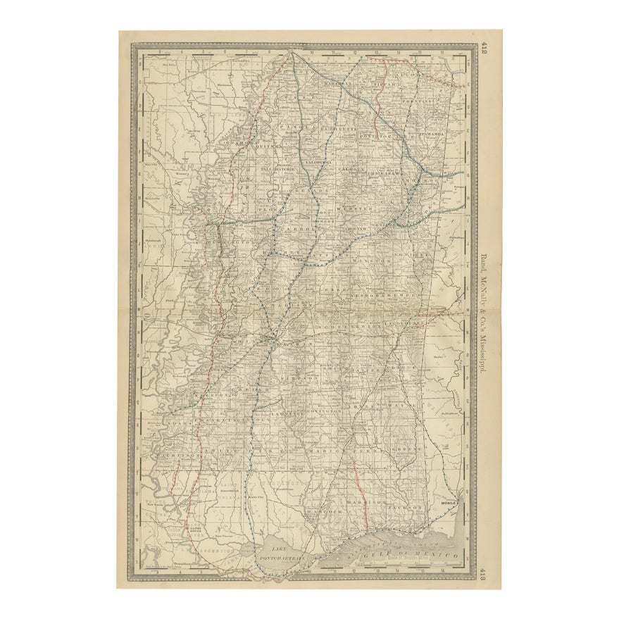 Antique Map of Mississippi The Magnolia State with Railroads and ...