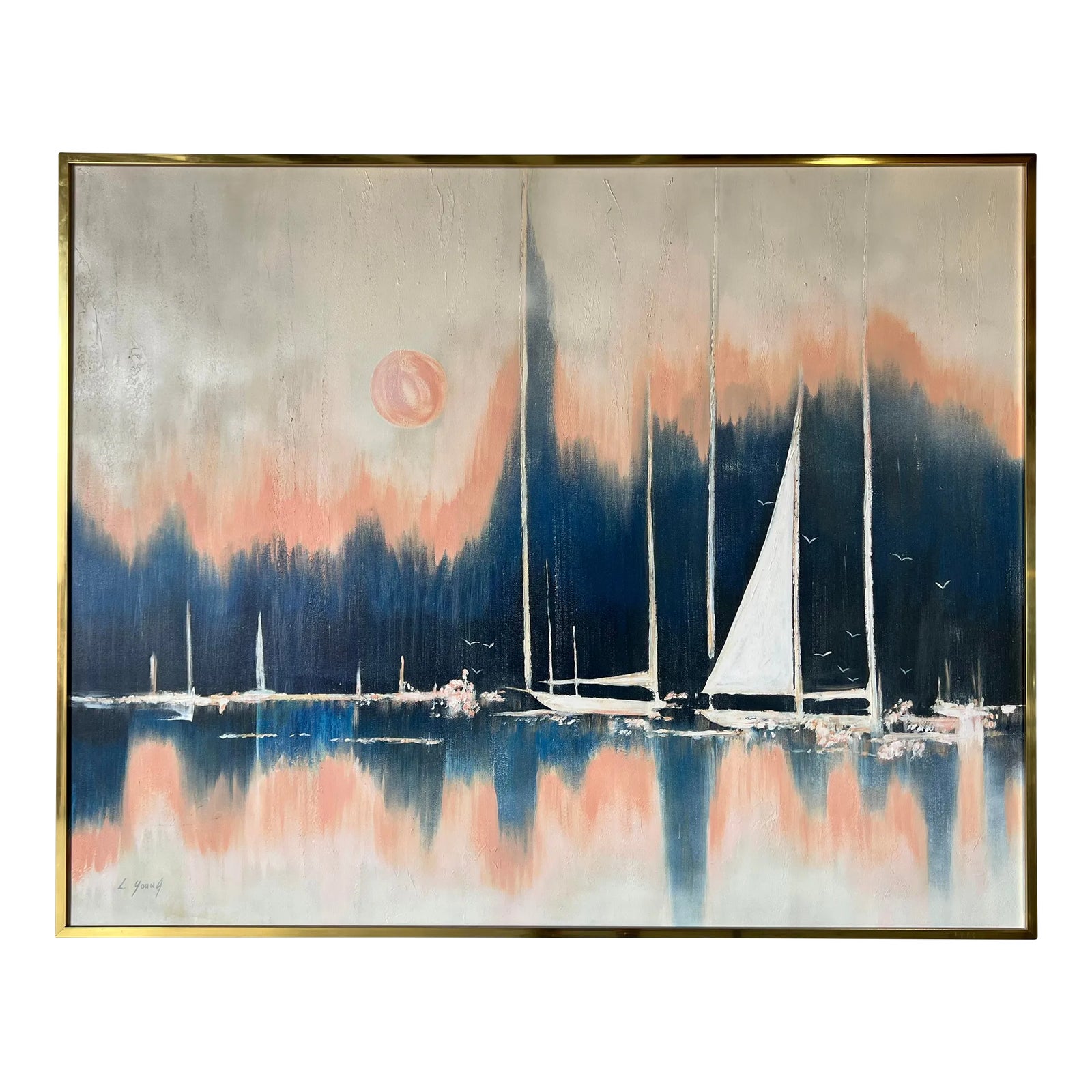 1980's Large Vintage L. Young Regatta Nautical Seascape Oil on Canvas ...