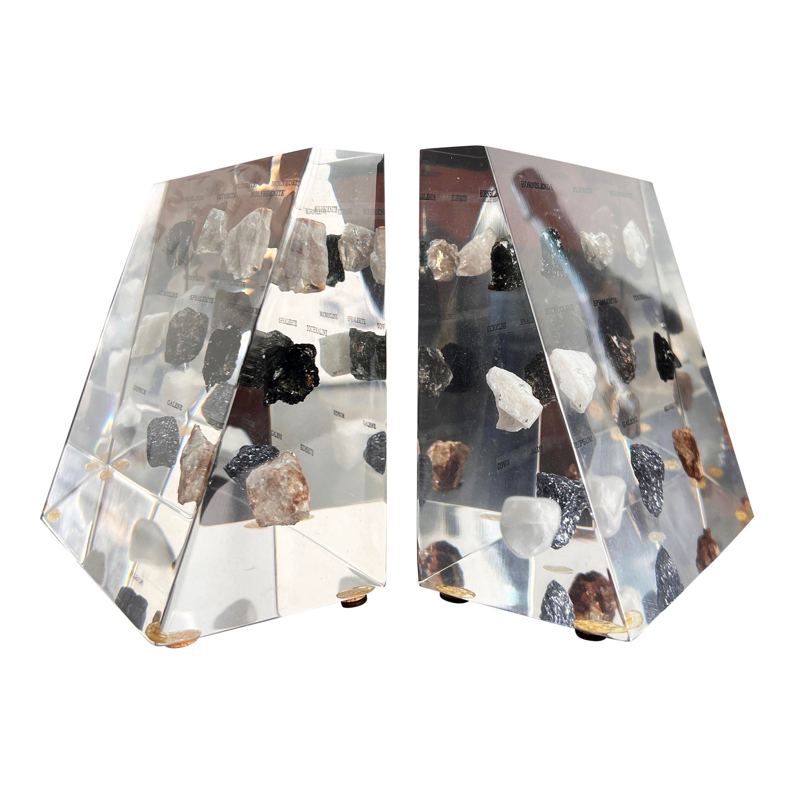 Pair of Vintage Lucite Bookends With Encased Mineral / Gemstone ...