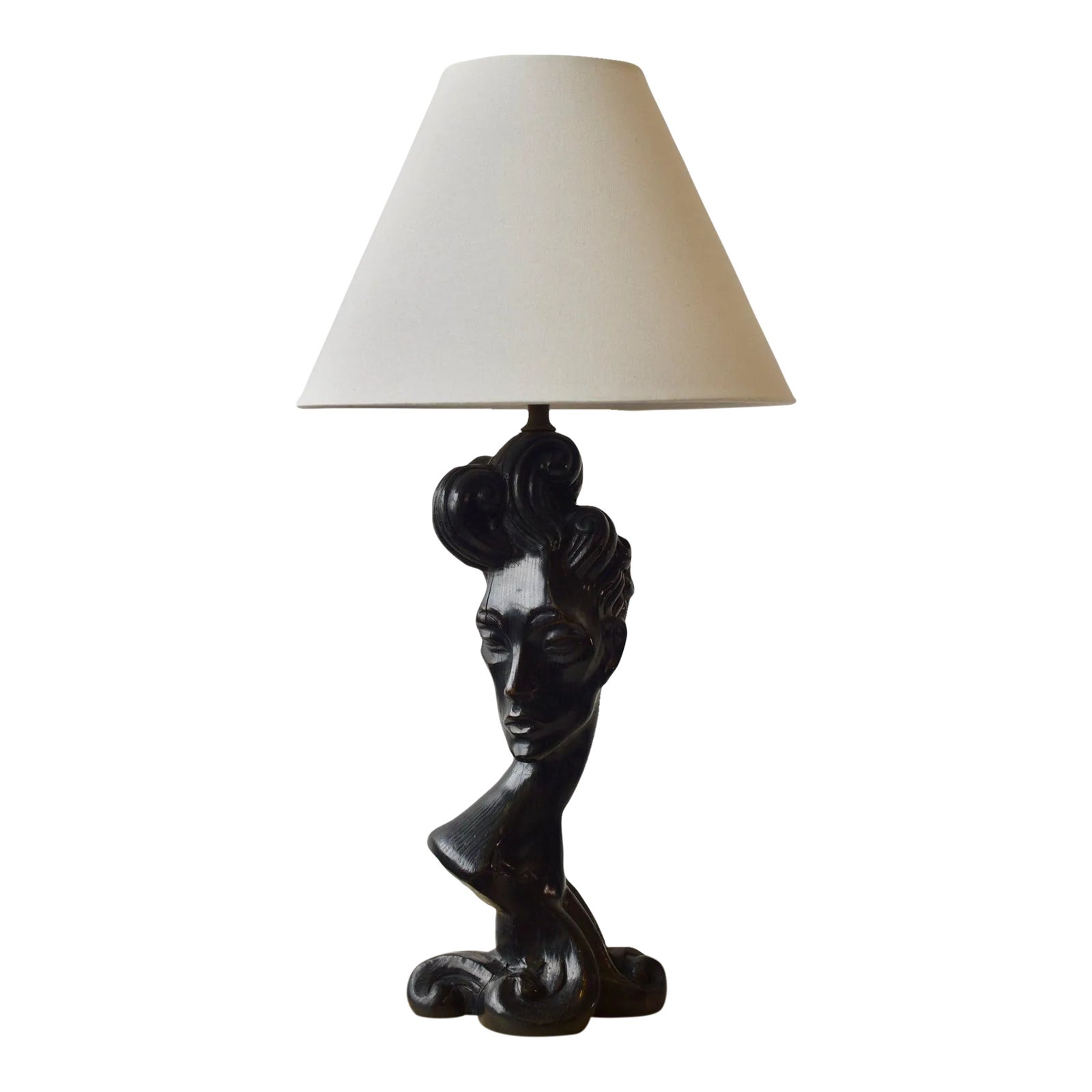 Vintage Rare Stylized Hand-Carved Oak Female Bust Lamp, Circa 1950s ...