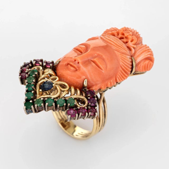 Guanyin Goddess Ring Carved Coral Gemstone Vintage 14 Karat Yellow Gold ...
