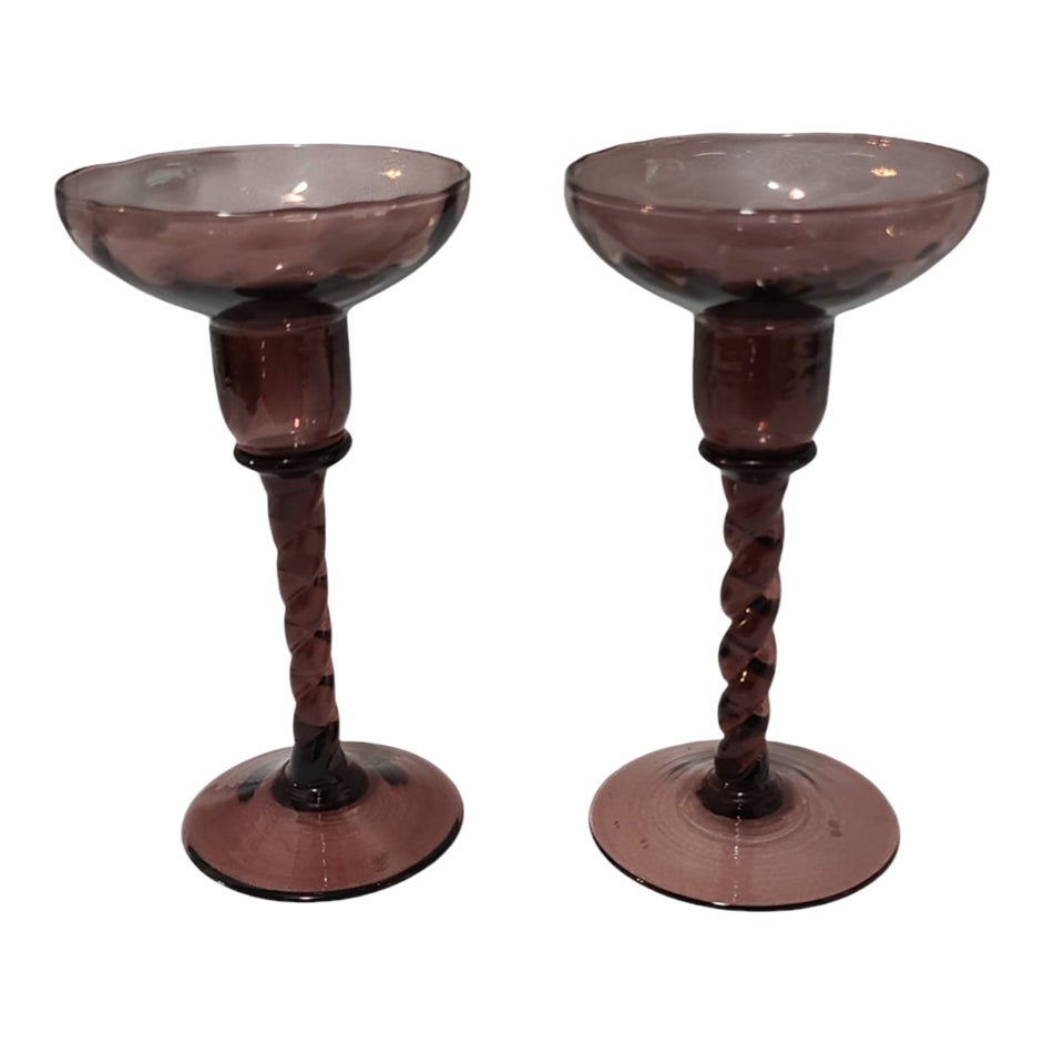 Vintage Italian Venetian Art Glass Purple Pair of Candlesticks | Chairish