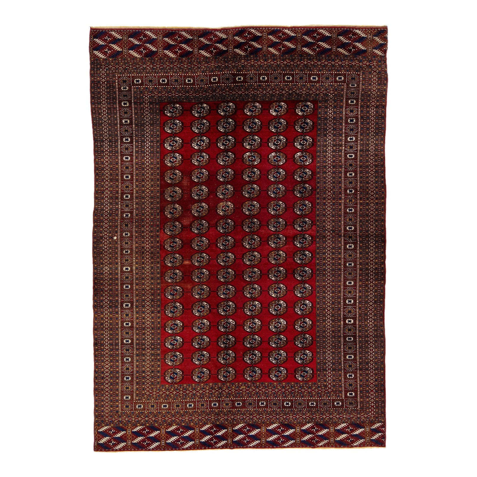 Red Antique Turkmen Handmade Wool Rug With Gul Motif | Chairish