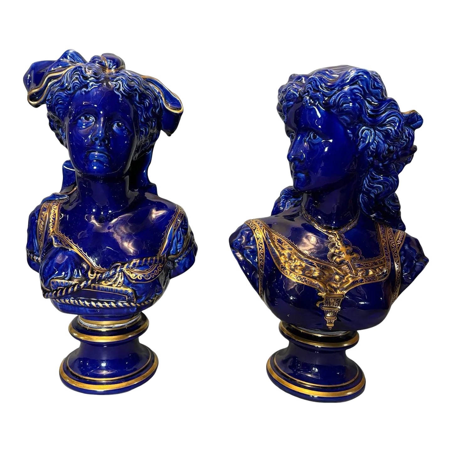 Early 20th Century Pair of Cobalt Blue High Glaze Porcelain Bust ...