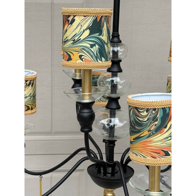 Vintage Chandelier With Marbleized Shades and Amber Crystals | Chairish