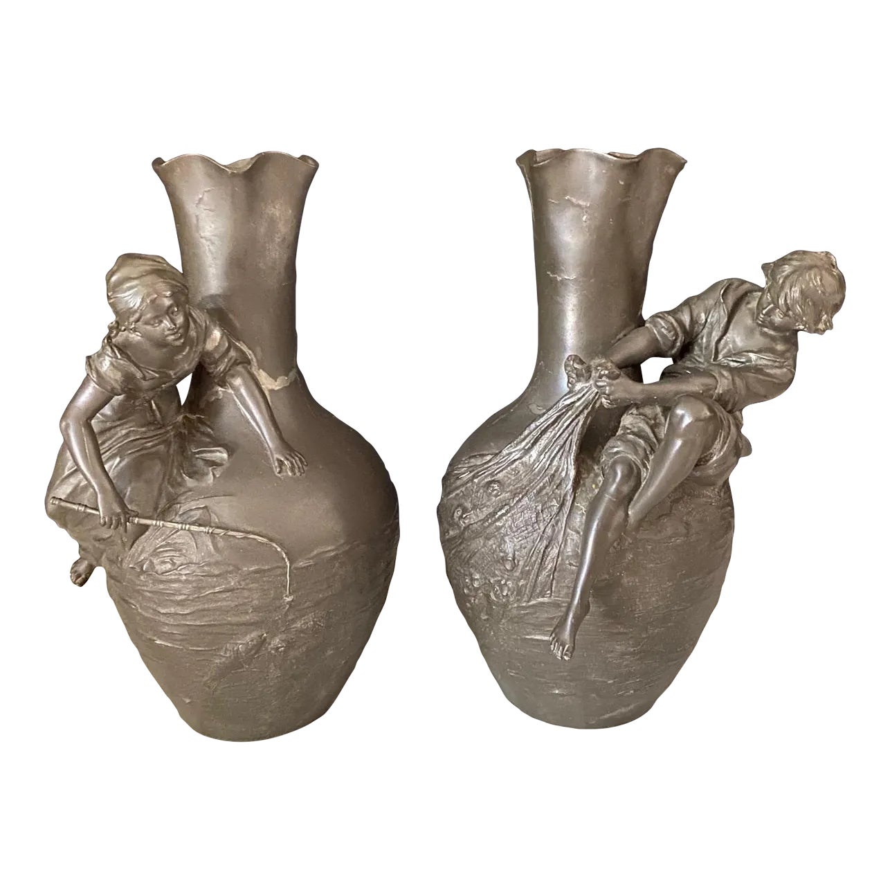 Auguste Moreau Signed French Art Nouveau Sculptural Vases -A Pair ...
