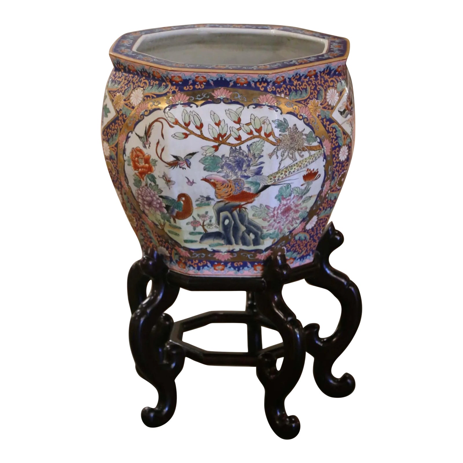 Mid-Century Chinese Octagonal Painted Porcelain Fish Bowl on Carved ...