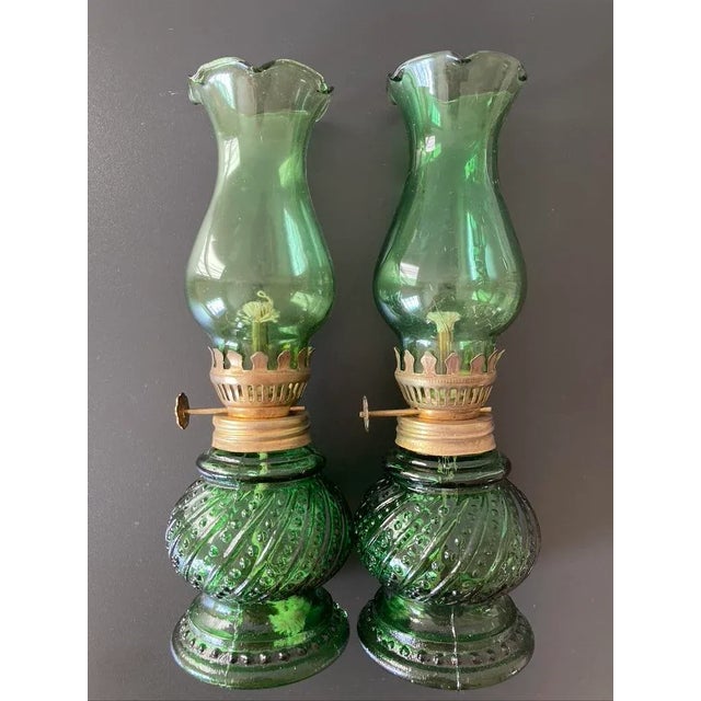 Early 20th Century Asian Green Glass Table Oil Lamps, Set of 2 | Chairish