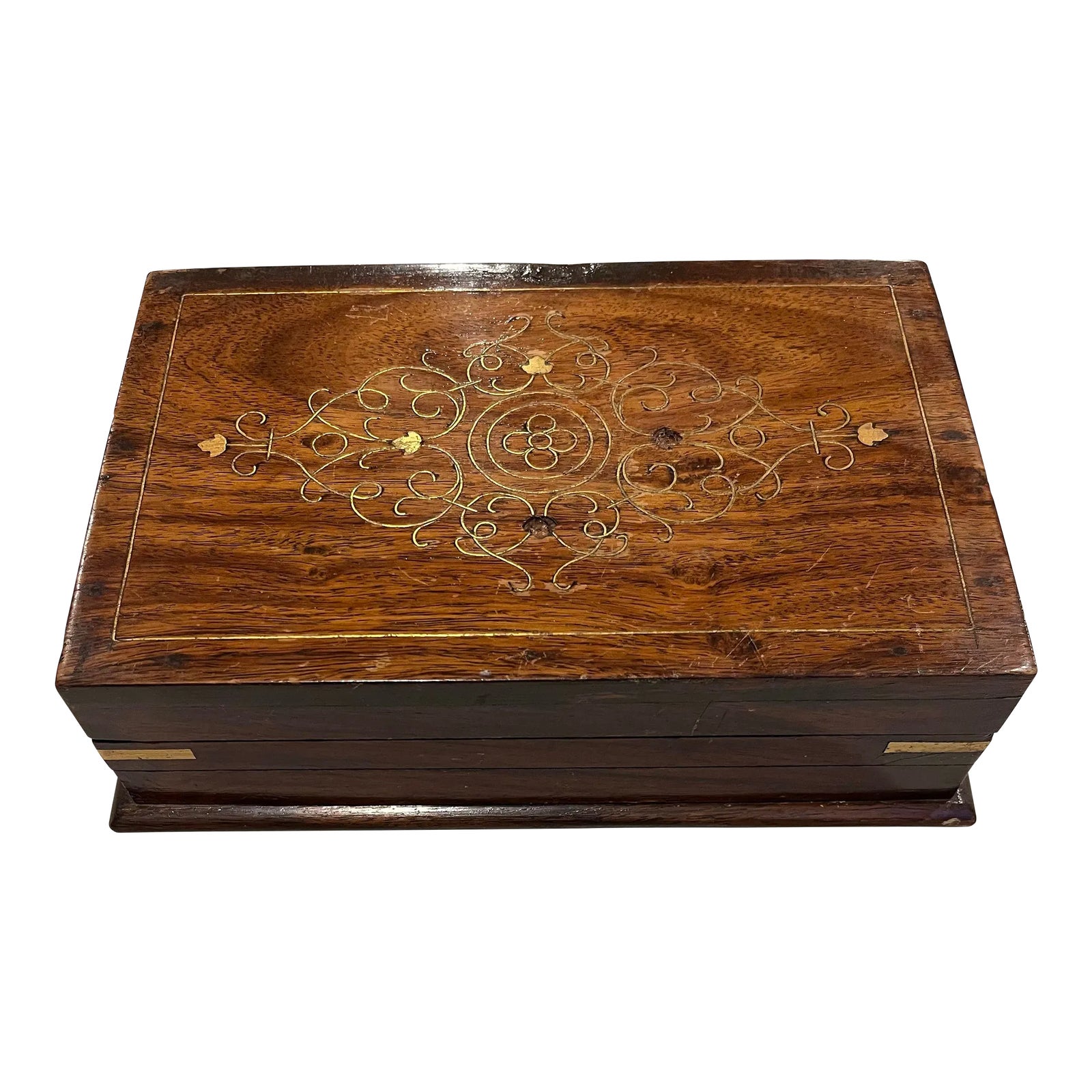 1950s Vintage Rosewood Keepsake Box With Brass Inlay | Chairish