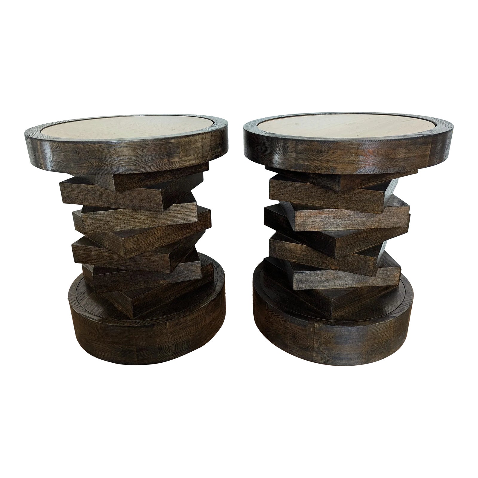 Custom Solid Wood Modern Geometric Side Tables - a Pair | Chairish