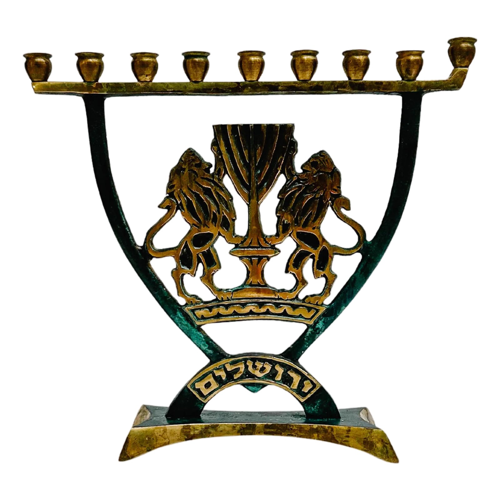 1950s Mid-Century Brass Verdigris Menorah With Lions of Judah ...