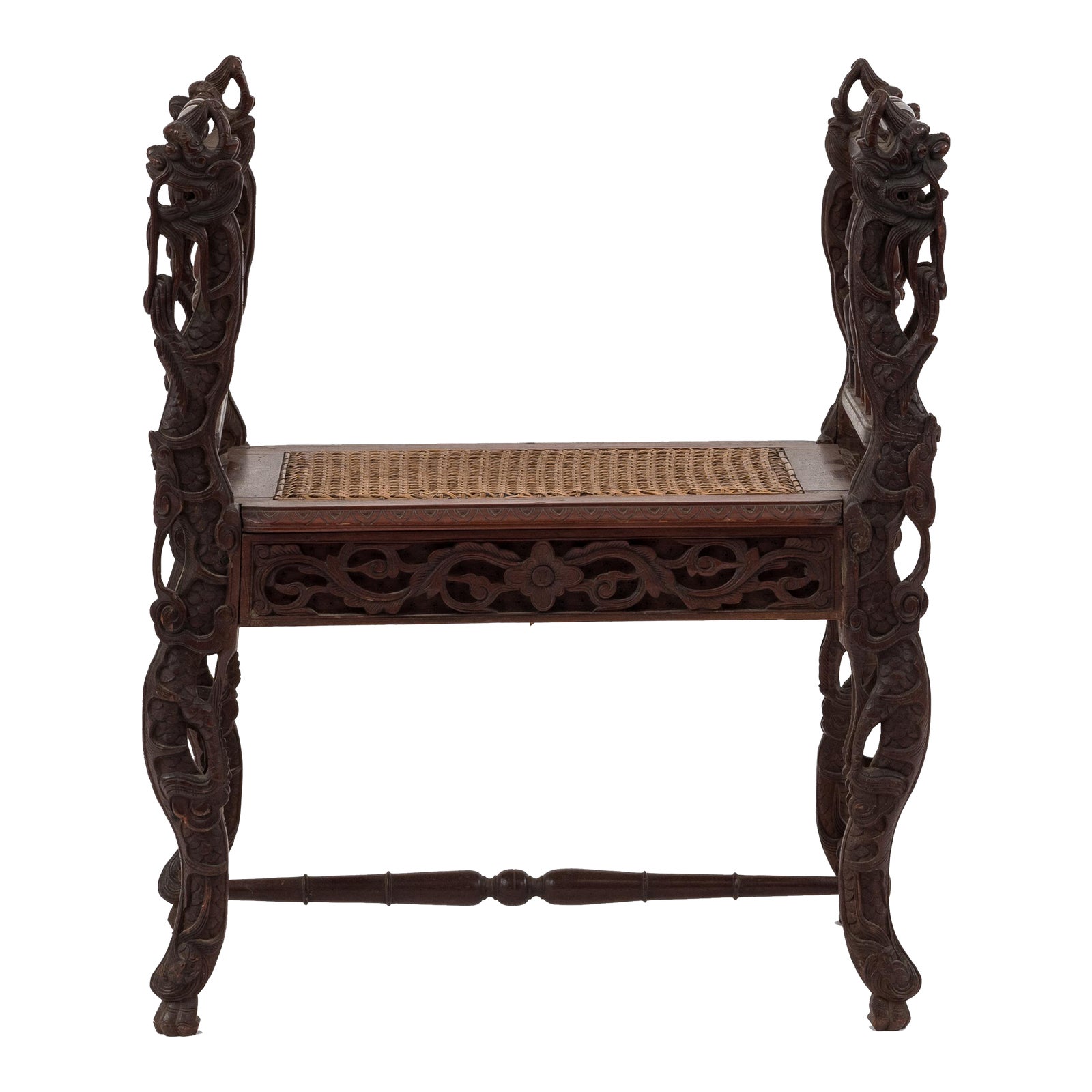 19th Century Asian Burmese Carved Walnut Bench | Chairish