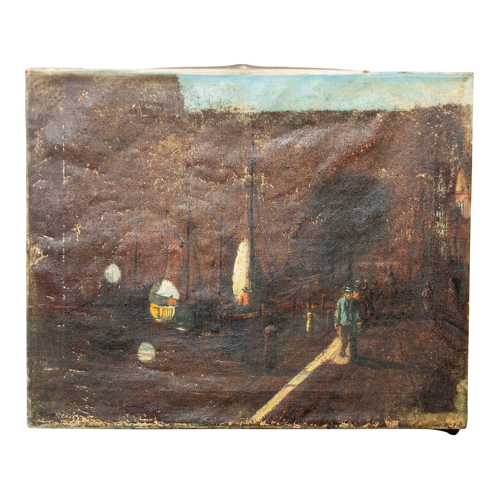 Early 20th Century Distressed Harbor Scene Painting With Figure | Chairish