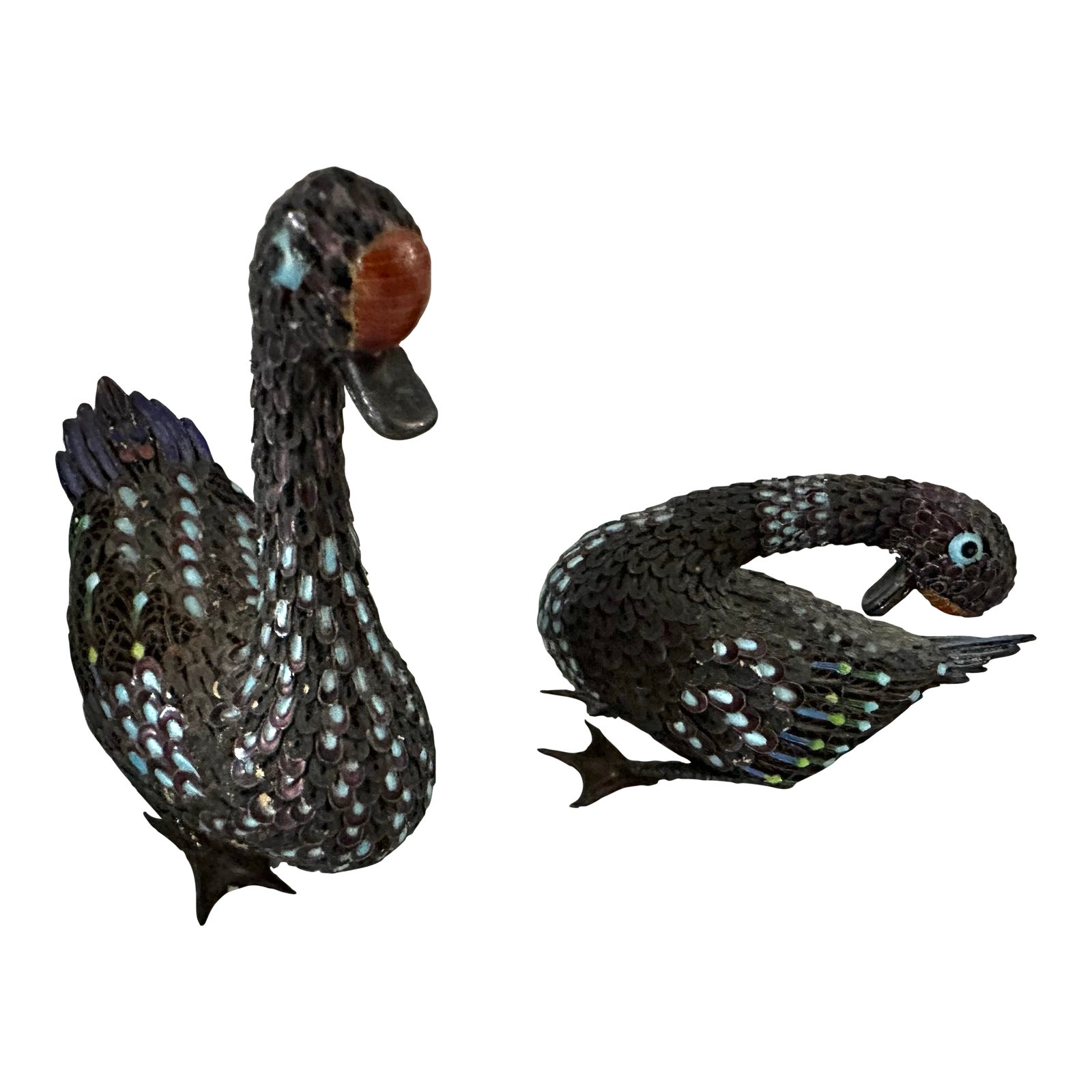 Antique Chinese Export Silver Filigree Enameled Ducks | Chairish