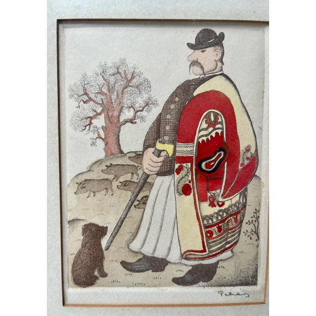 1930s István Pekáry Colored Etching, "Three Men on the Way to Church ...