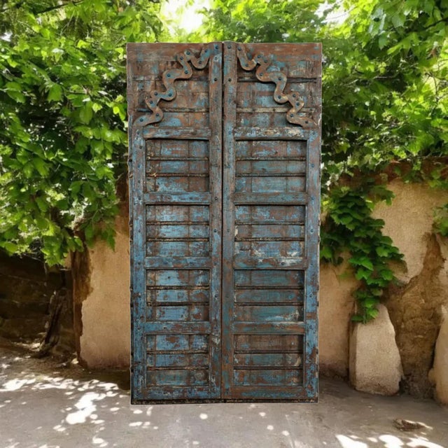 Antique Distressed Blue Indian Door Carved Door Spanish Doors | Chairish
