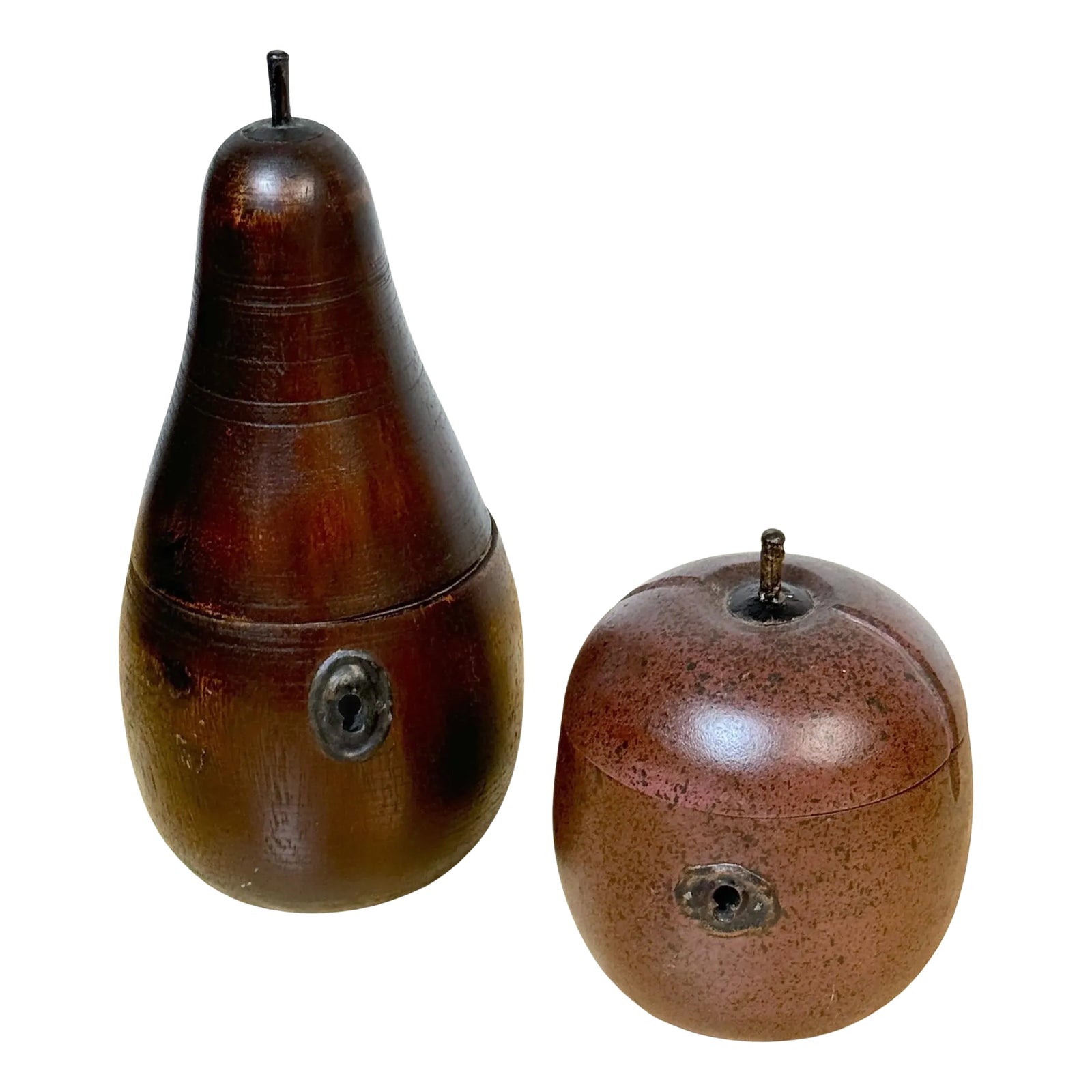 Two 20th C English Style Polychromed Carved Wood Apple & Pear Boxes/Tea ...