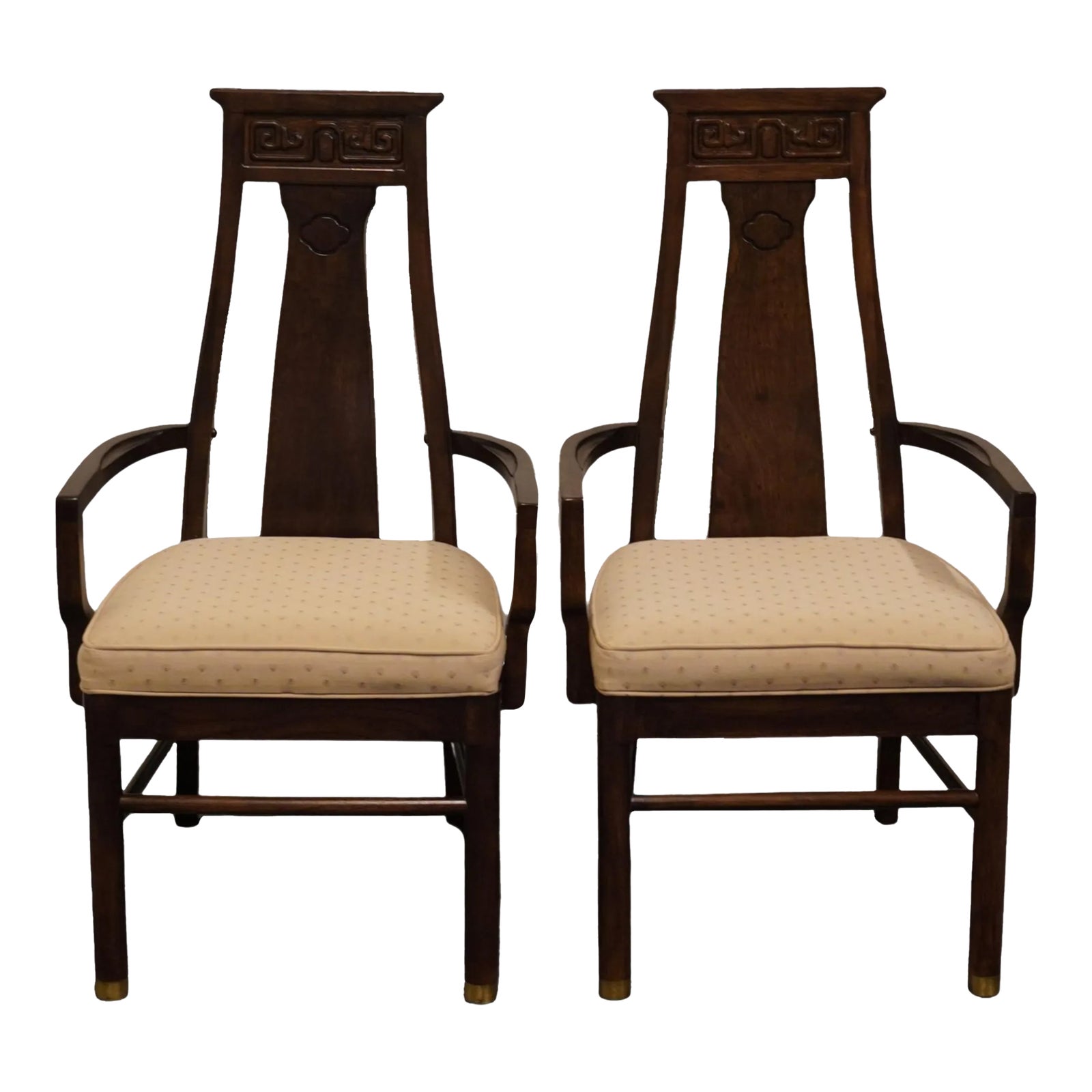 Set of 2 High End Walnut Asian Chinoiserie Dining Arm Chairs | Chairish
