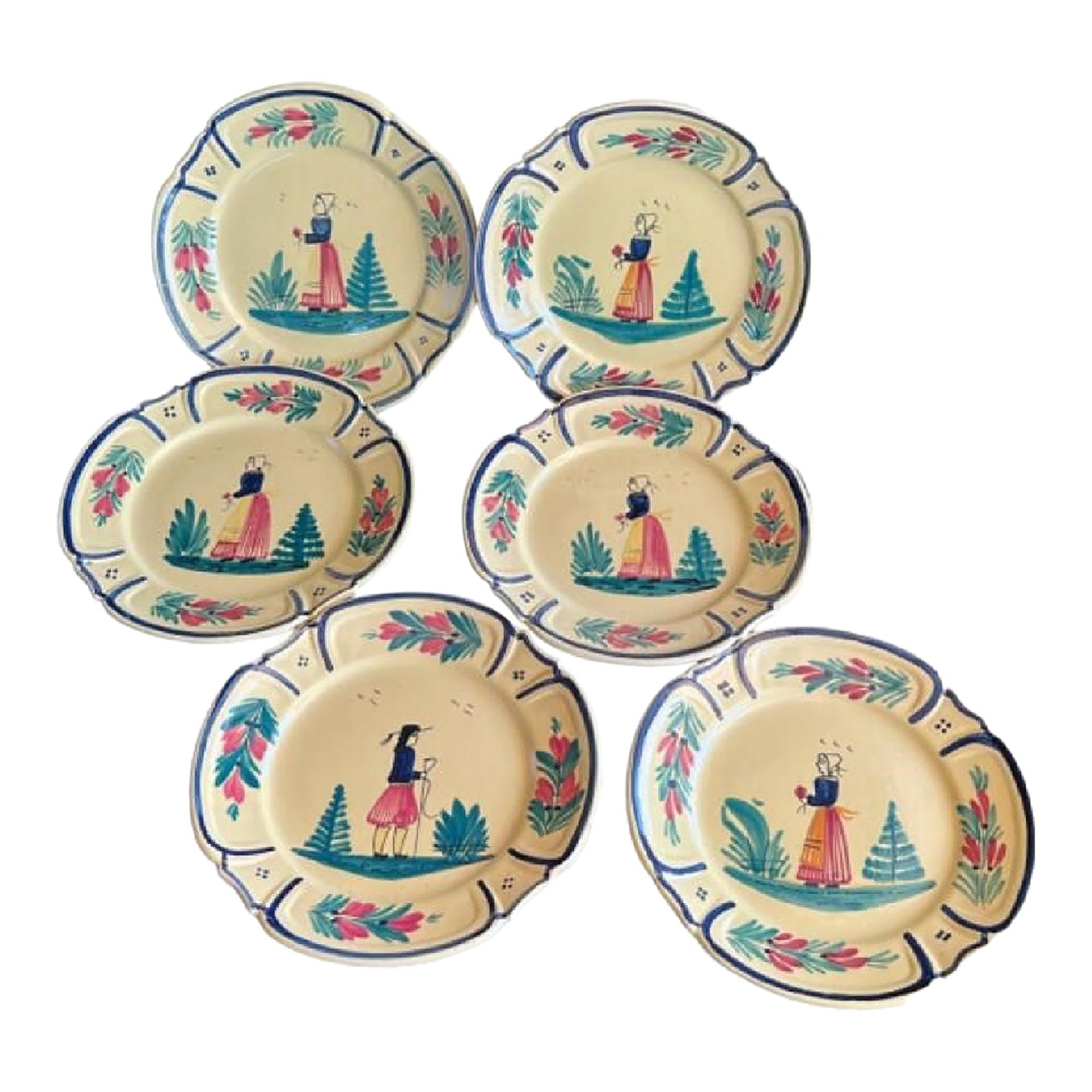 1960s Quimper Dishes- Set of 6 | Chairish
