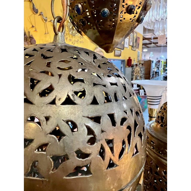 Vintage Mid 20th Century Boho Pierced Brass Moroccan Triple Lantern ...